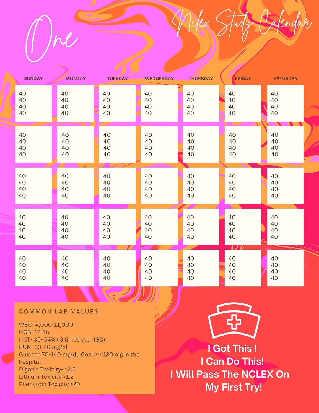 NCLEX Study Calendar- Bright - Etsy