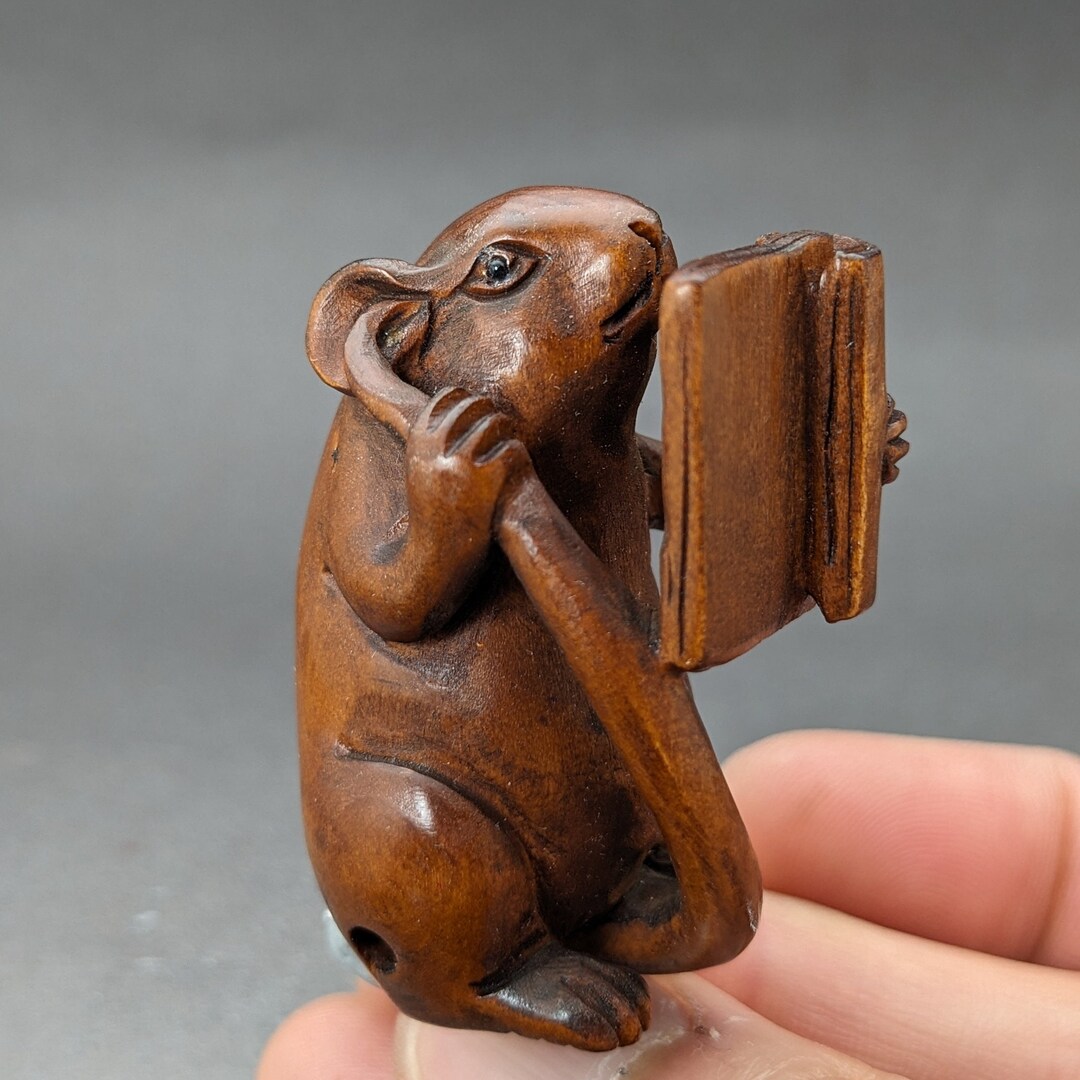 Hand Carved Boxwood Netsuke of a Mouse Reading, Year of the Rat ...