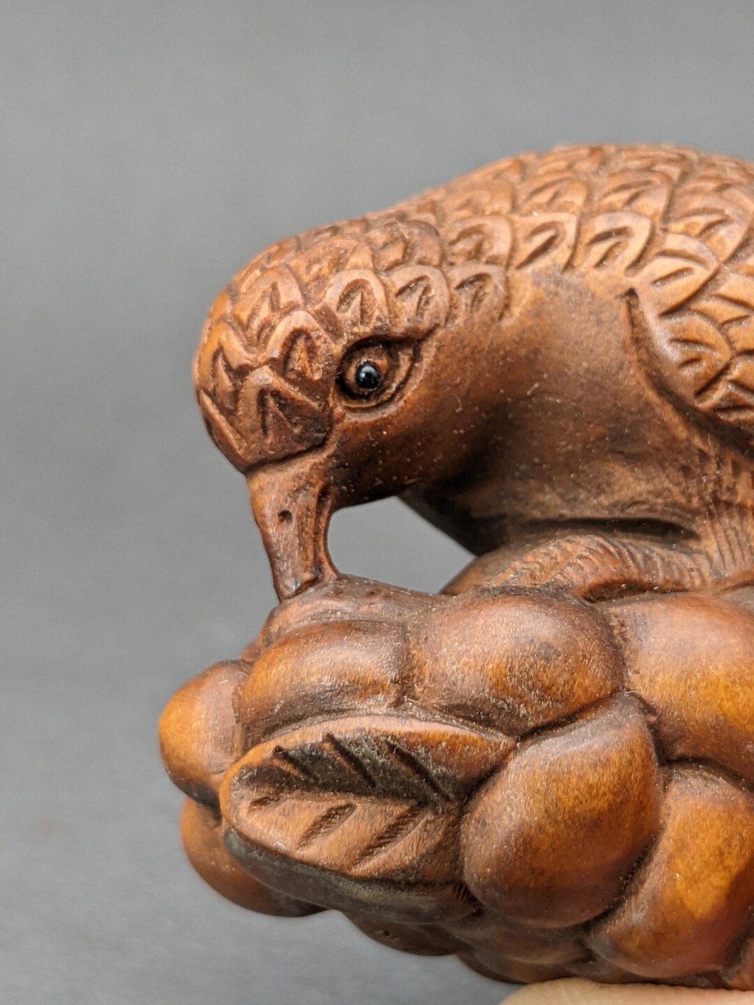 Hand Carved Boxwood Bird Netsuke, Wood Bird Charm, Bird Holding a Ear ...