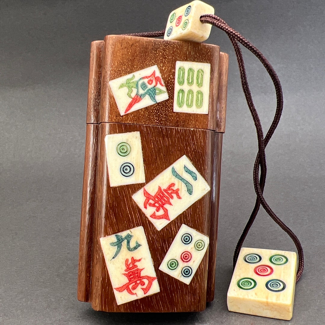 Hand Carved and Polished Boxwood Inro of Scrimshaw Mahjongg, Scrimshaw ...