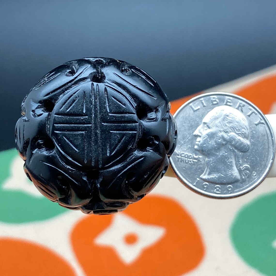 1 Vintage Jet Bead: Hand Carved Black Jet Bead of Longevity and Dragon ...