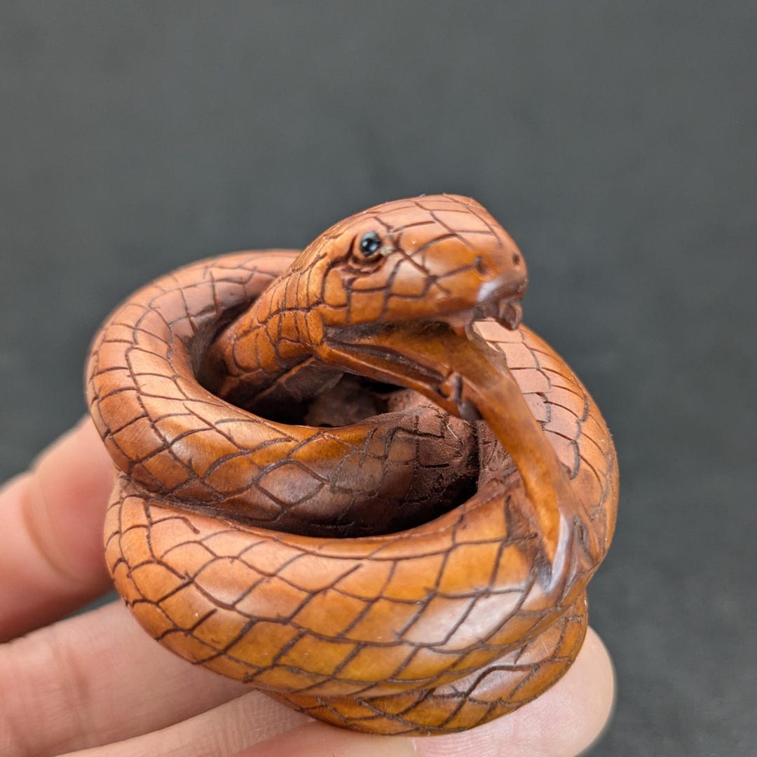 Large Hand Carved Boxwood Snake Netsuke, Wood Snake Netsuke, Boxwood ...