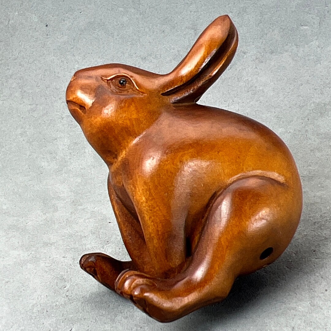 Hand Carved Boxwood Netsuke of Rabbits, Year of Hare, Rabbit Charm ...