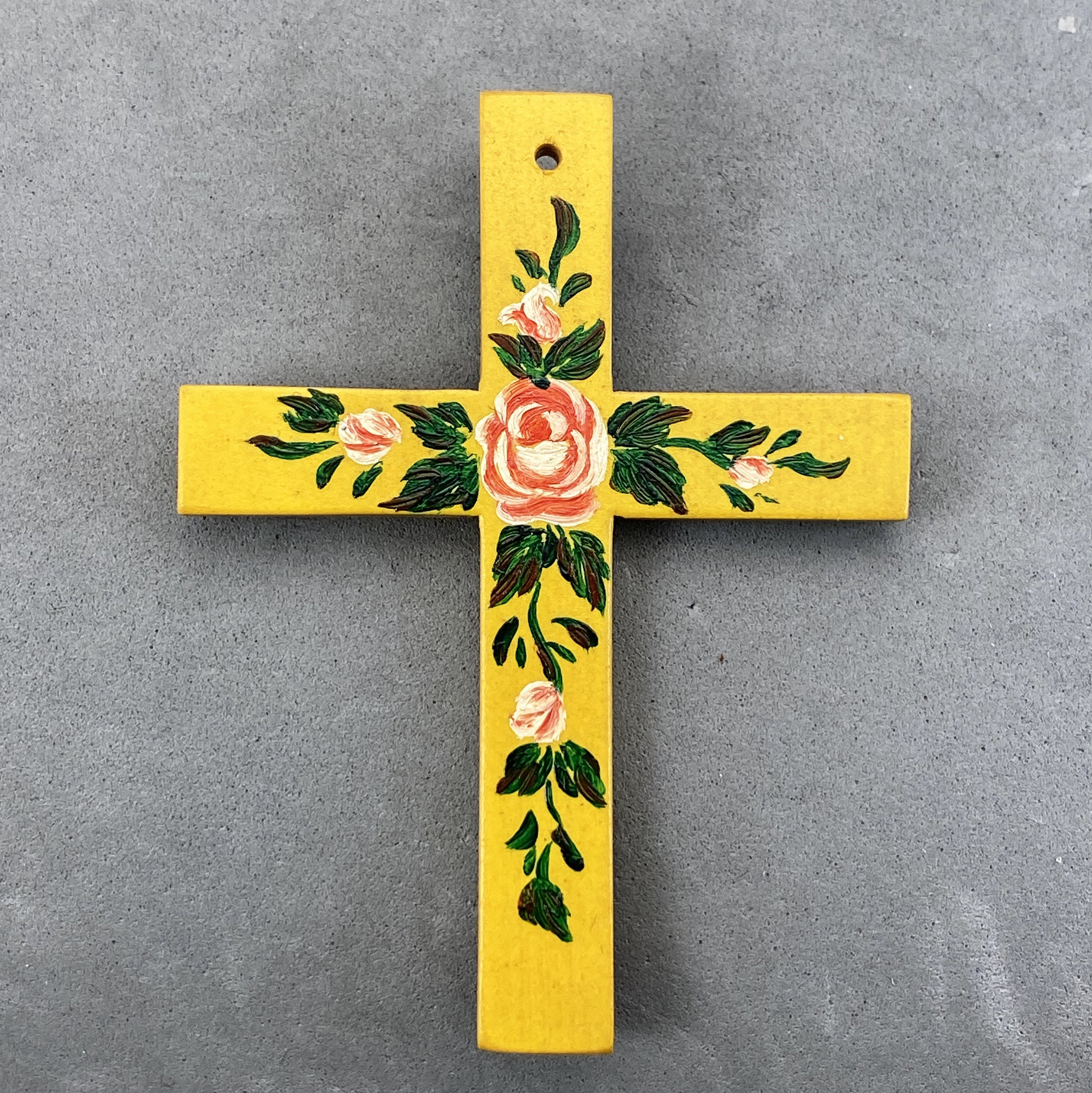 Yellow Teakwood Cross With Painted Rose Stem and Leaves - Etsy