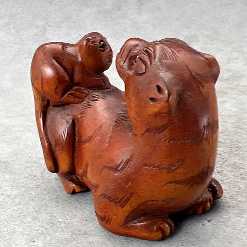 Hand Carved Boxwood Tiger Netsuke, Wood Tiger Netsuke, Wood Tiger Charm ...