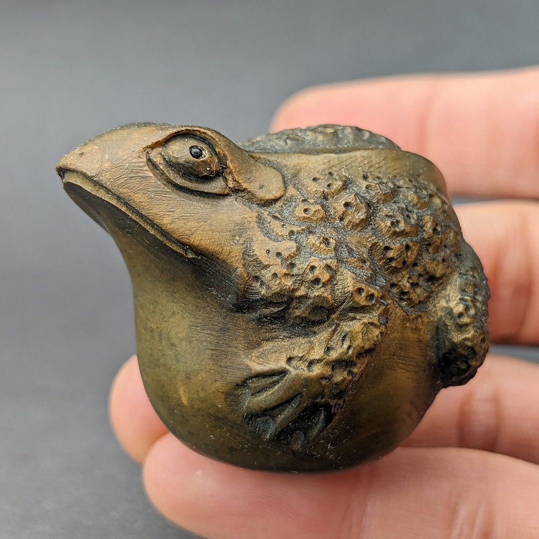 Hand Carved Boxwood Toad Netsuke, Wood Toad Charm, Toad With Huge Belly ...