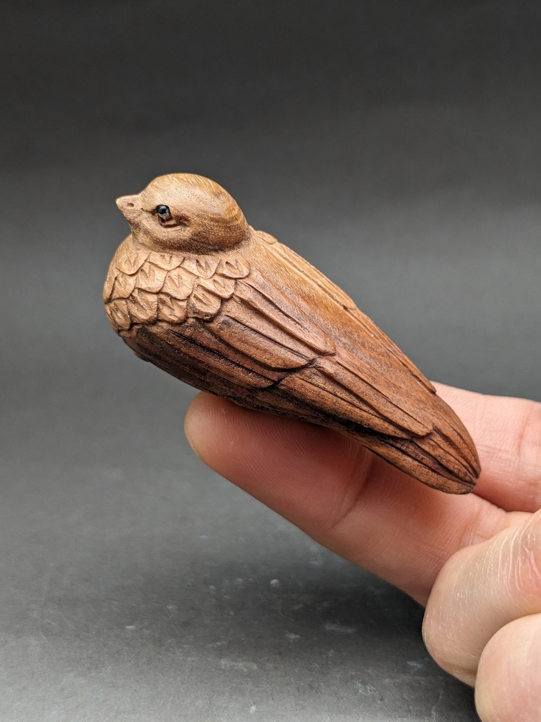 Hand Carved Boxwood Bird Netsuke, Wood Bird Charm, Symbol of Prosperity ...