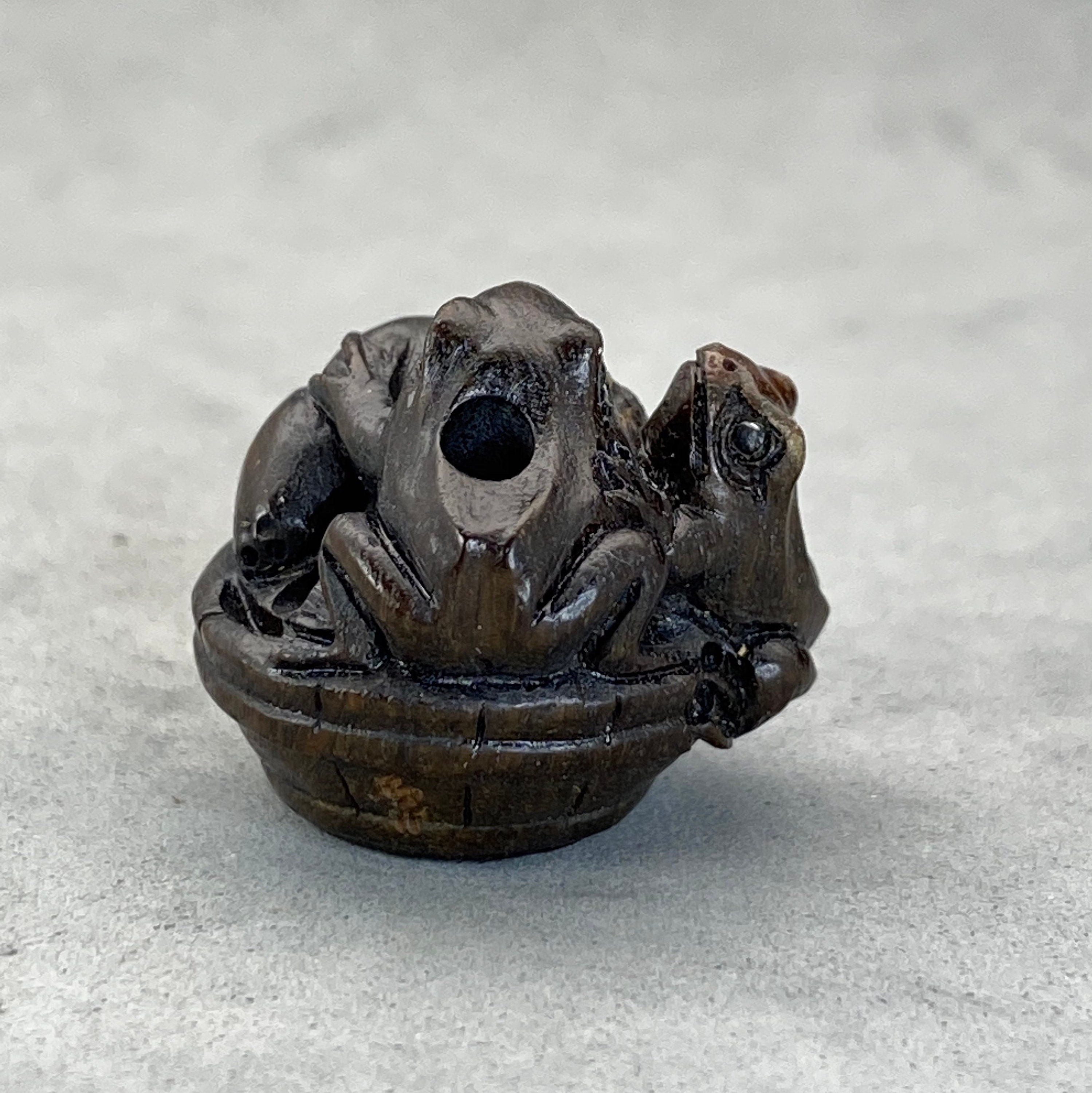 One Teakwood Ojime : Frog Playing Flute on a Lily Pad Very - Etsy