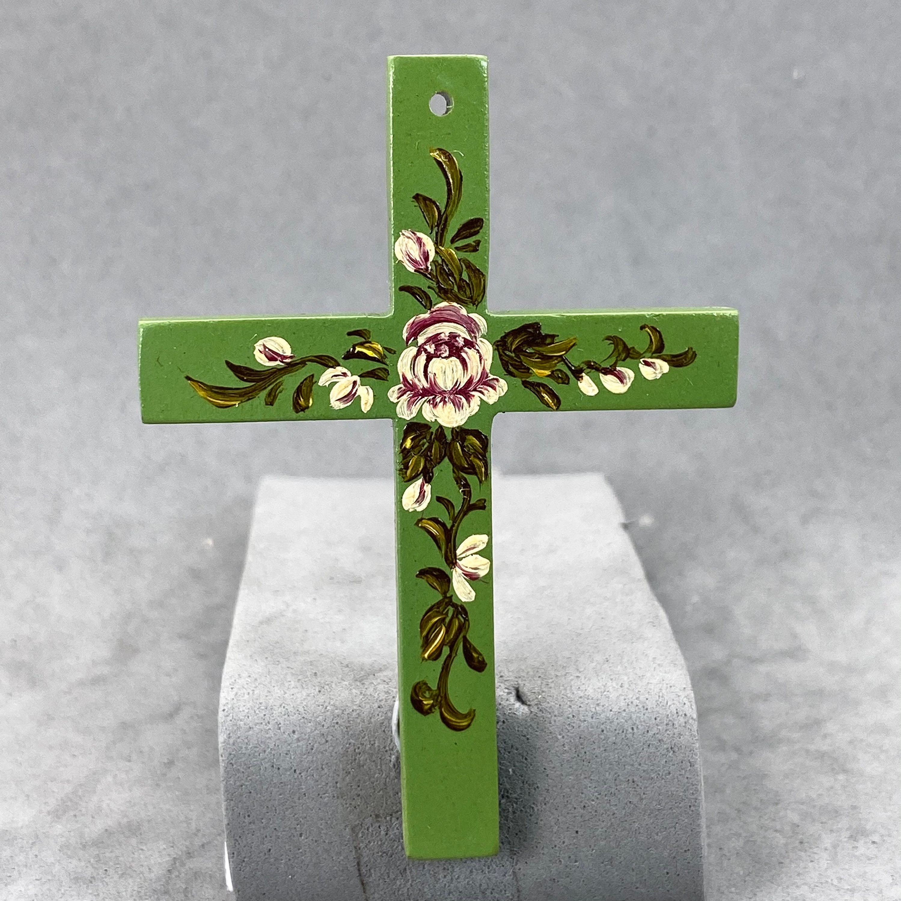 Evergreen Wood Cross Pendant Hand Painted With Flower Bouquet, Flower ...