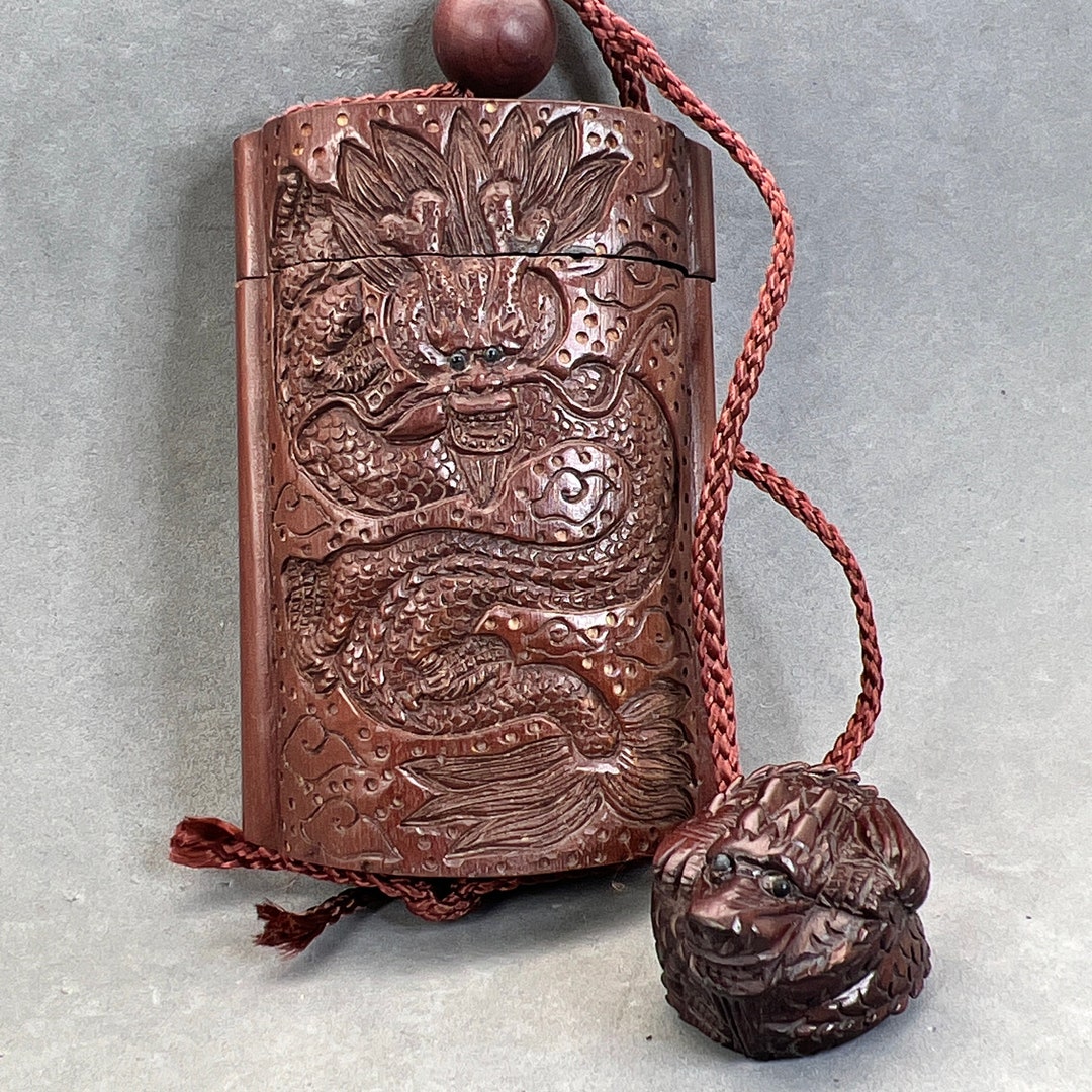 Hand Carved Boxwood Inro, Kimono Accessories, for Stamp, Money Coin and ...