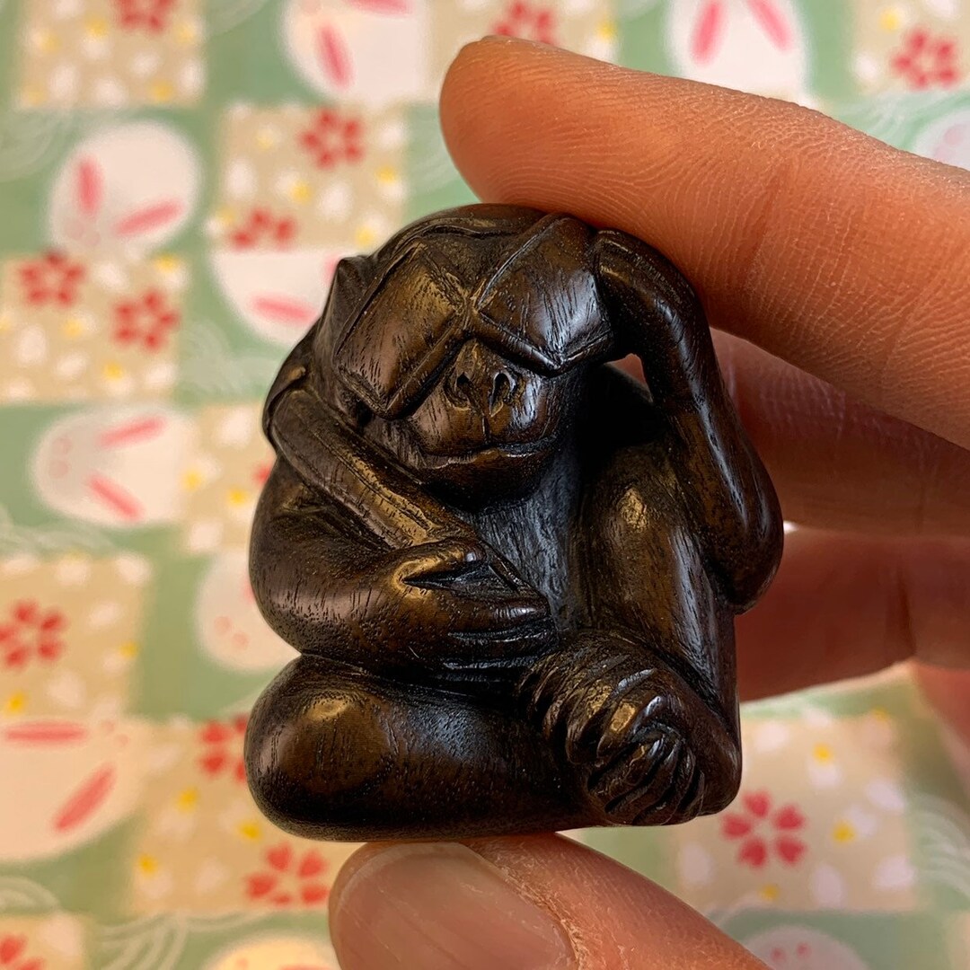 Hand Carved Teakwood Monkey Netsuke, Ironwood Monkey Netsuke, Wood ...
