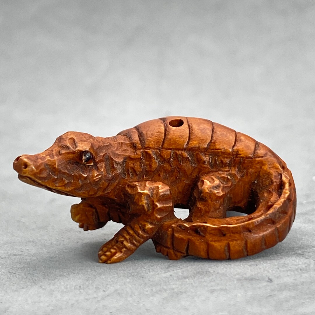 Hand Carved Boxwood Ojime: Crocodile, Wood Crocodile Bead, Wood ...