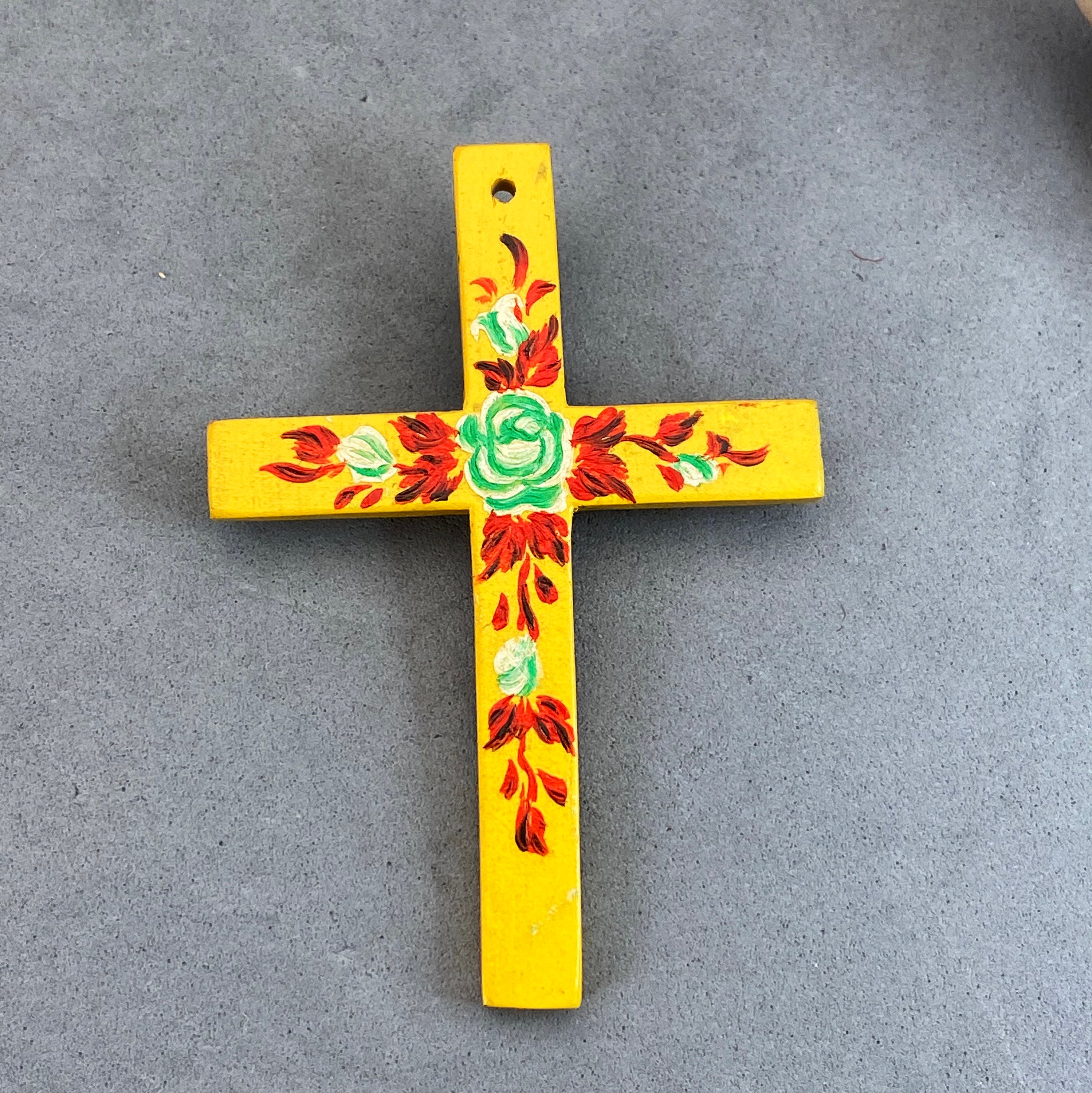 Yellow Teakwood Cross With Painted Rose, Stem and Leaves, Gothic Style ...