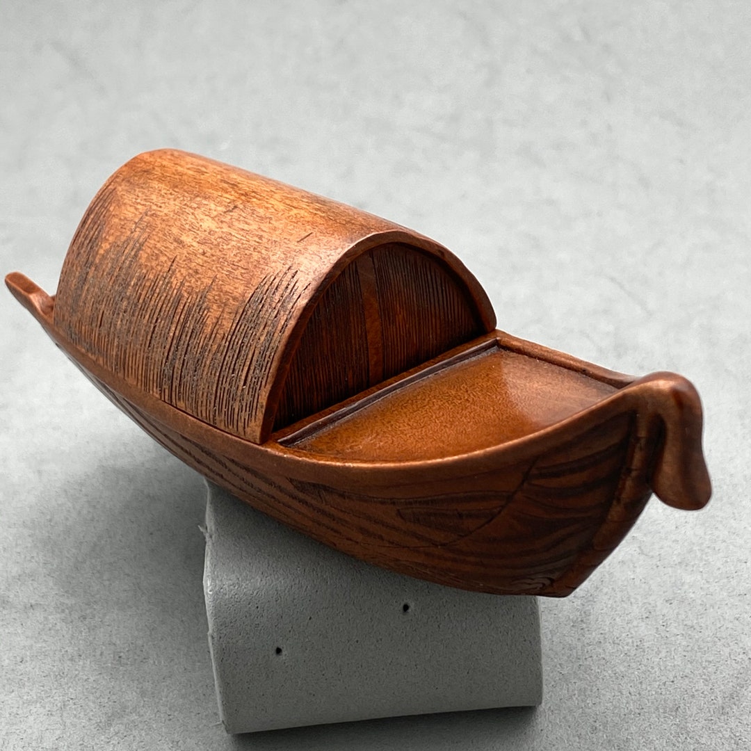 Hand Carved Boxwood Box: Covered Box of a Small Boat, Fine ...