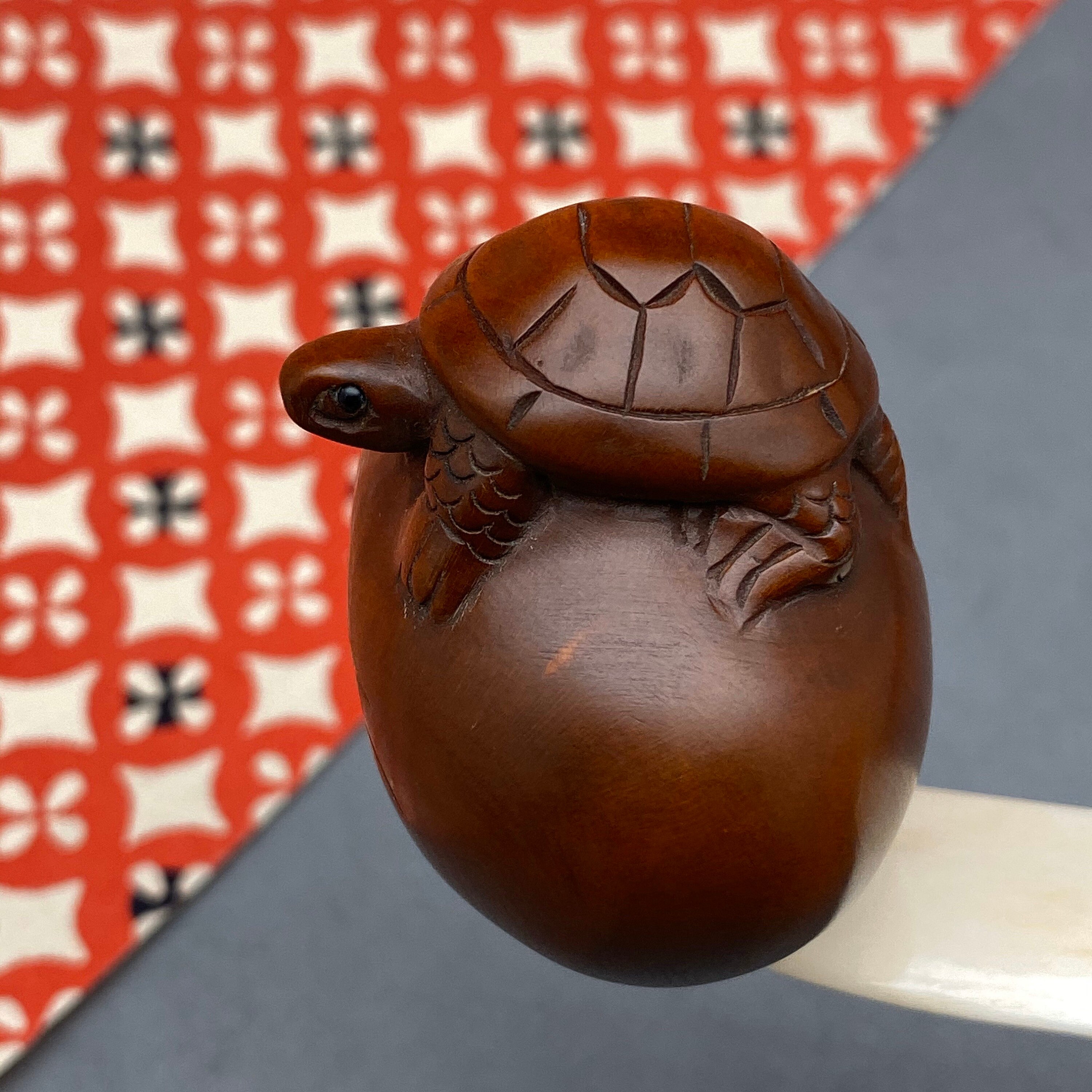 Hand Carved Boxwood Netsuke of a Turtle on Top of a Hatching Turtle Egg ...