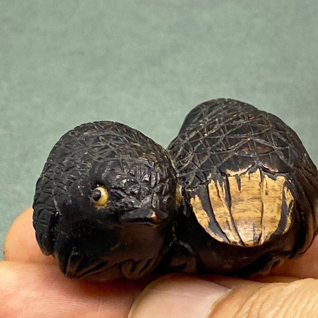Hand Carved Teakwood Netsuke: Baby Bird, Wood Baby Bird Charm, Wood ...