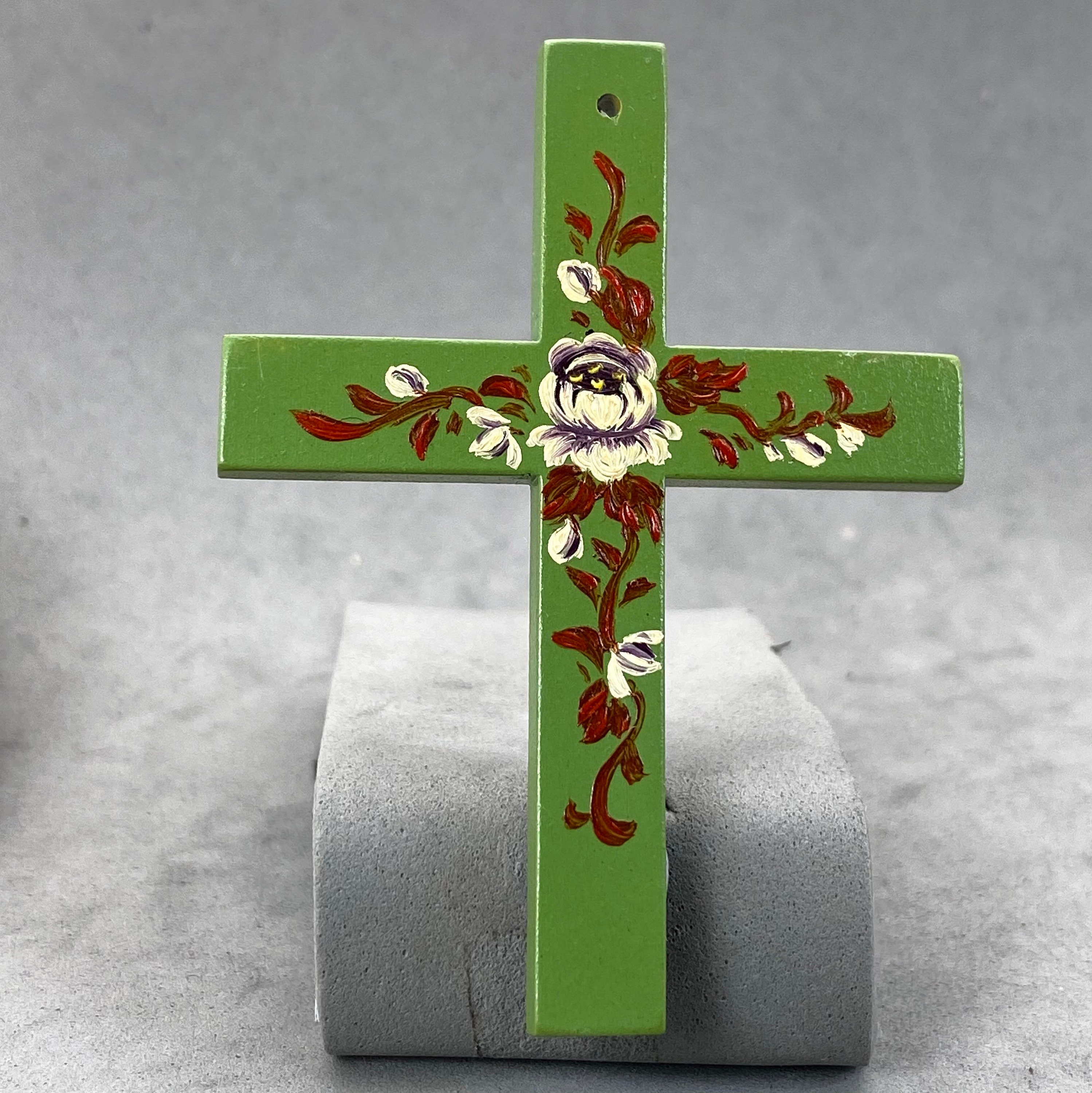 Evergreen Teakwood Cross With Painted Flower Bouquet Stem and - Etsy