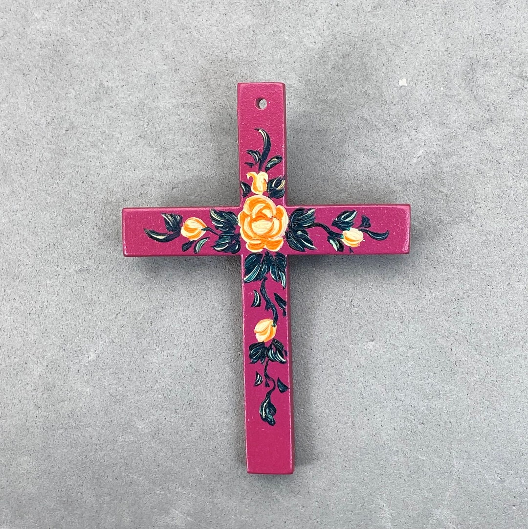 Fuchsia Teakwood Cross With Painted Rose, Stem and Leaves, Gothic Style ...