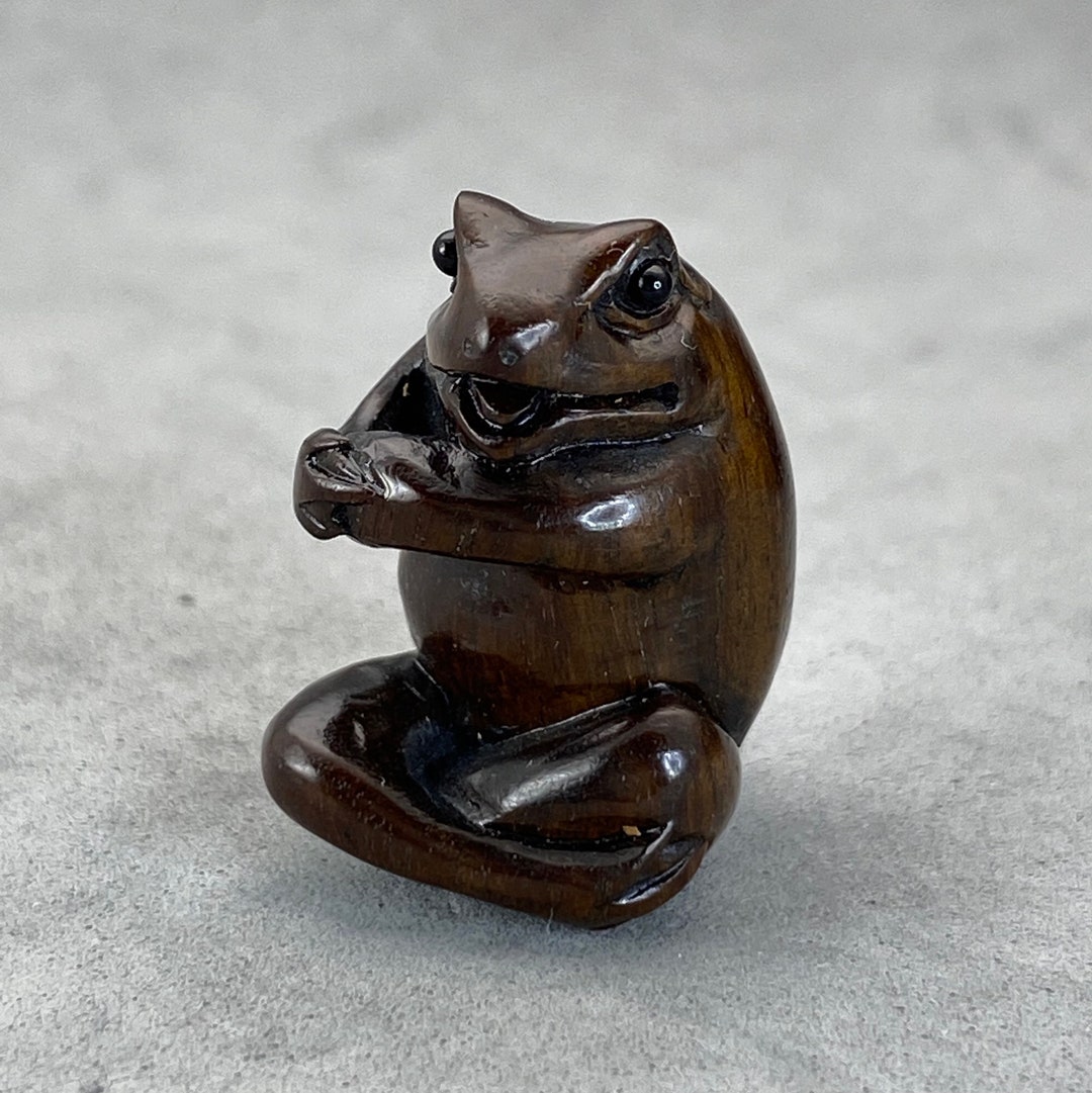 One Teakwood Ojime : Frog Playing Flute on a Lily Pad, Very Details ...