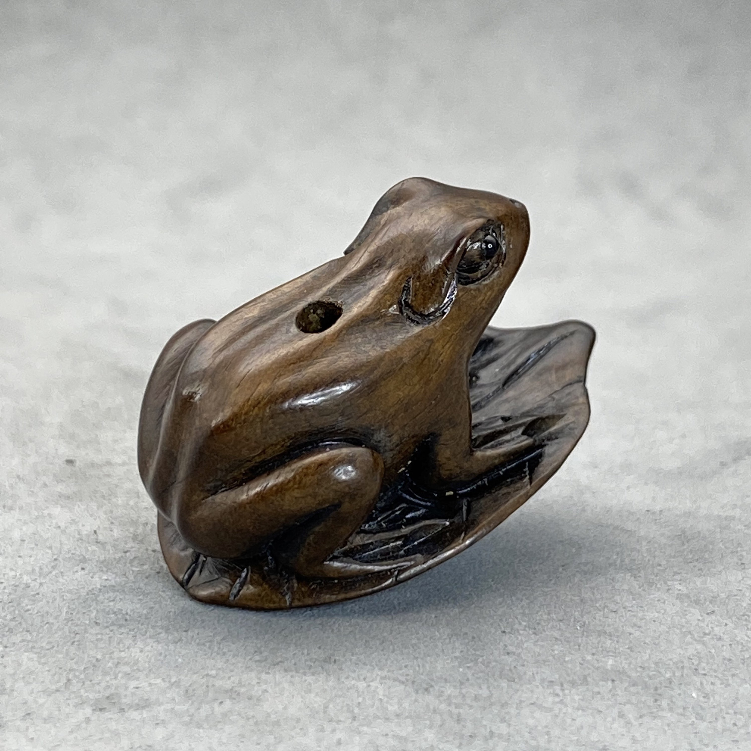 One Teakwood Ojime : Frog Playing Flute on a Lily Pad Very - Etsy