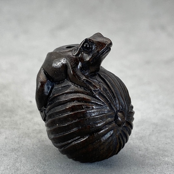 One Teakwood Ojime : Frog Playing Flute on a Lily Pad Very - Etsy