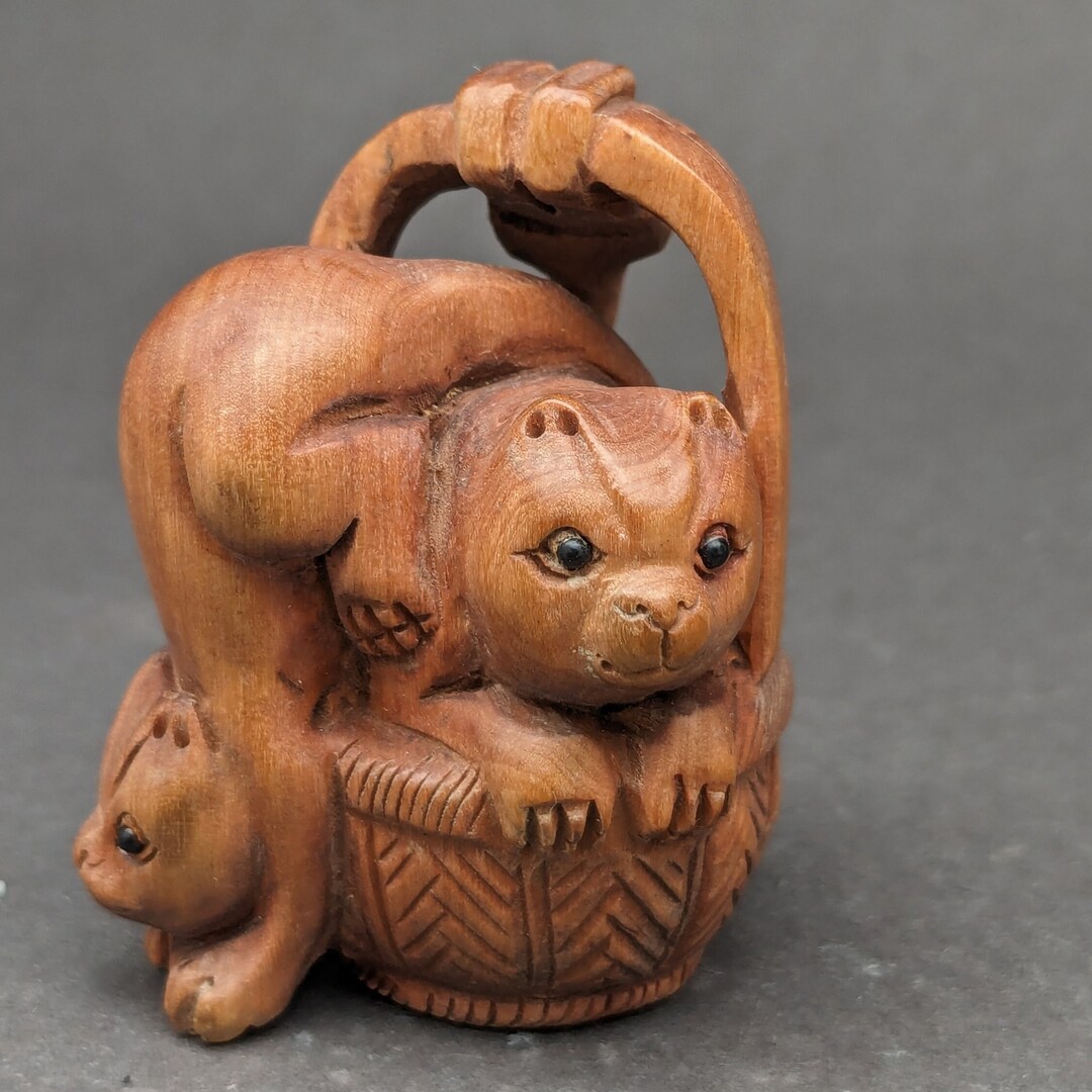 Hand Carved Boxwood Cat Netsuke, Wood Cat Netsuke, Wood Cat Charm, Hand ...