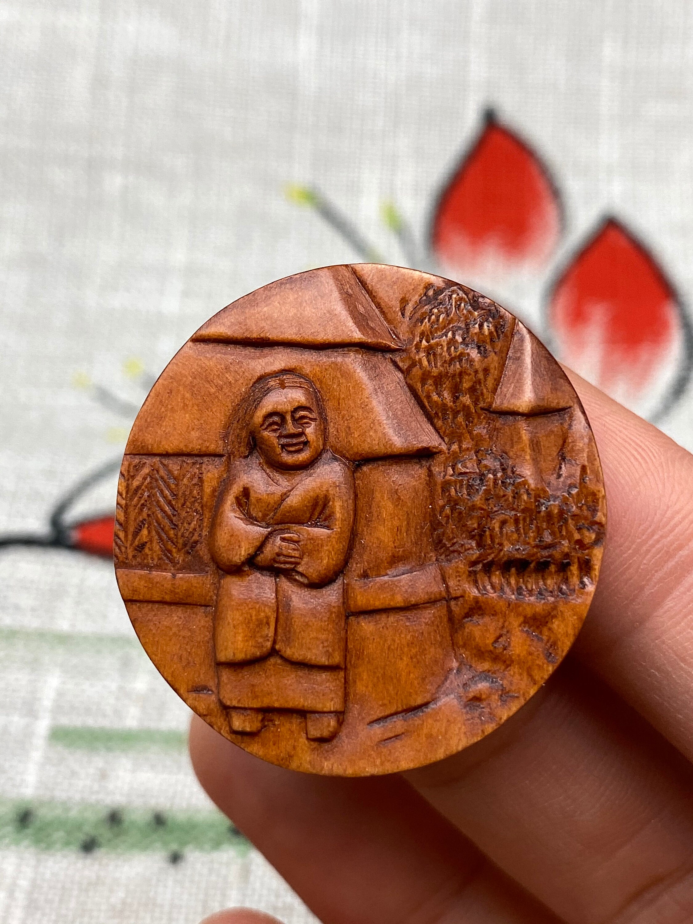 Hand Carved Boxwood Focal Bead: Man in Front of a Straw House | Etsy