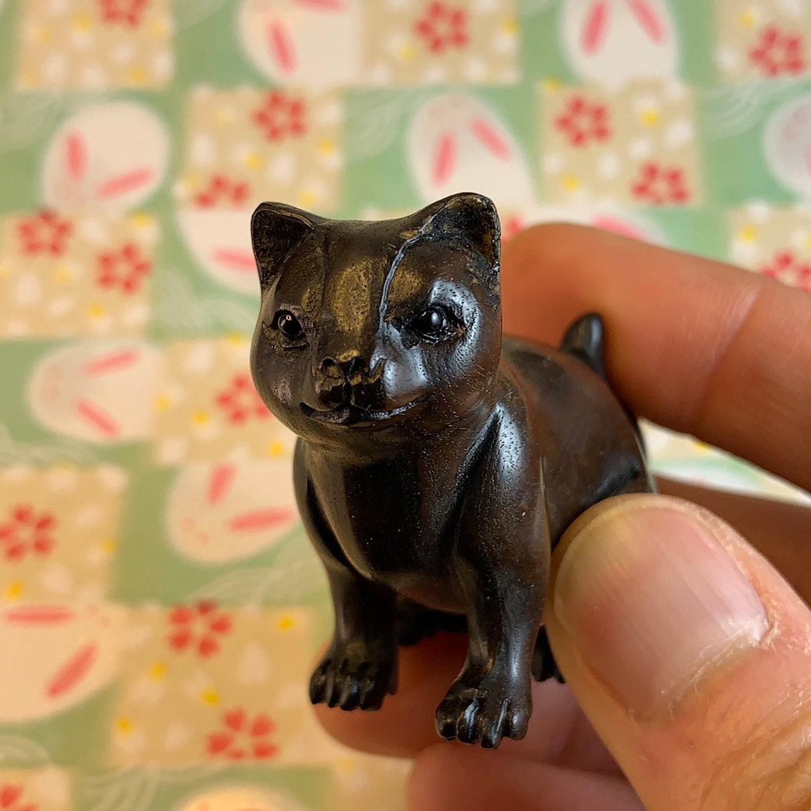 Hand Carved Teakwood Cat Netsuke, Wood Cat Netsuke, Wood Cat Charm ...