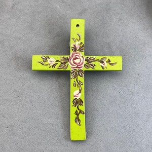 Lime Green Teakwood Cross With Painted Rose, Stem and Leaves, Gothic ...