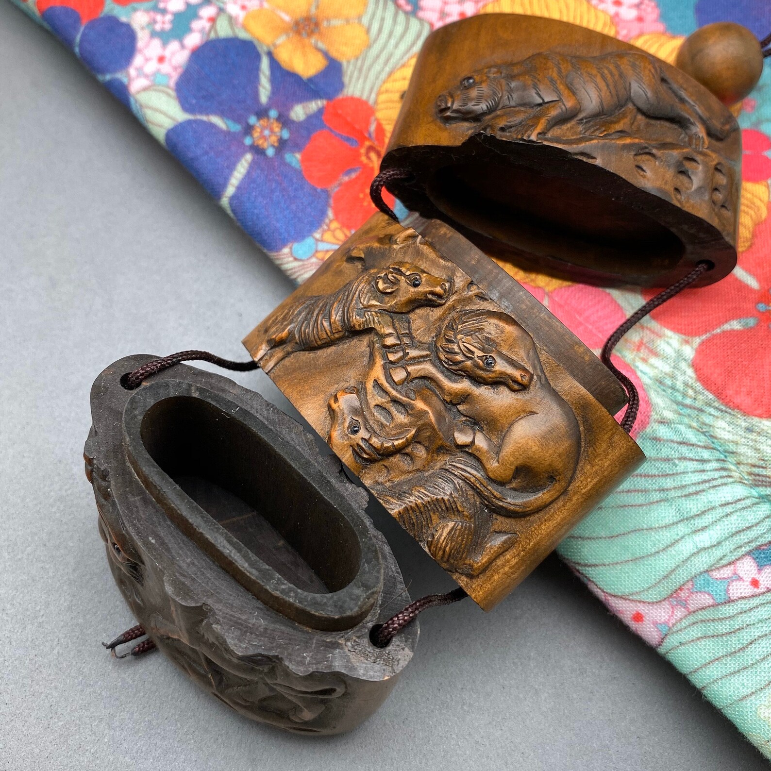 Hand Carved Boxwood Inro, Kimono Accessories, for Stamp, Money Coin and ...