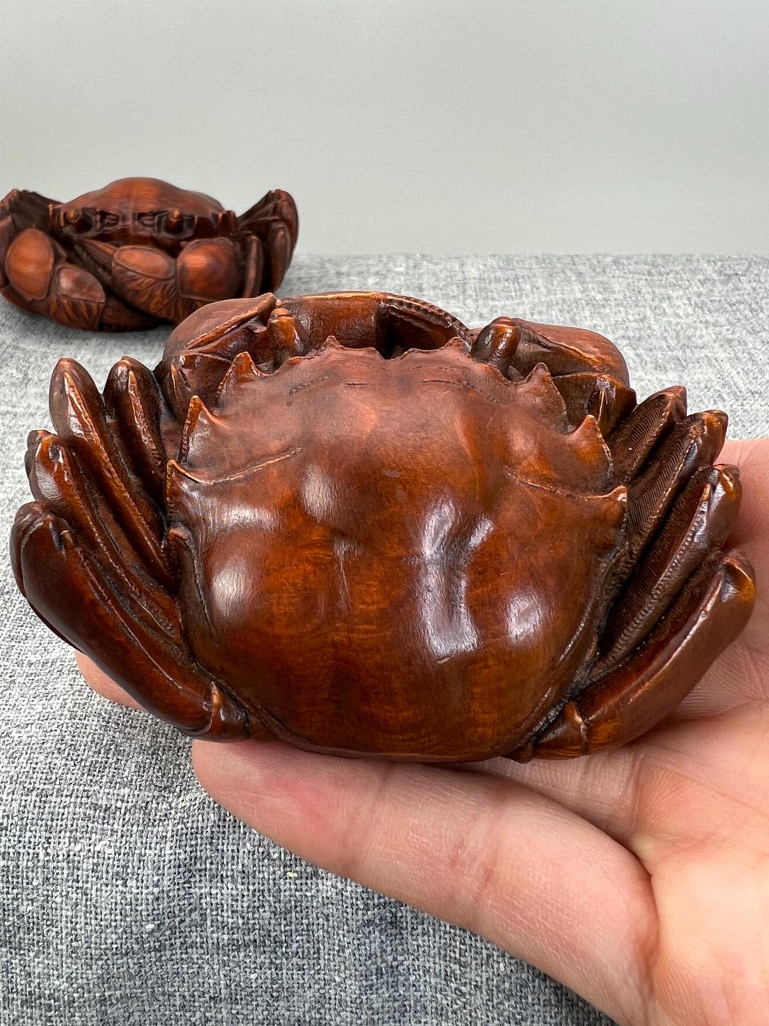 Wood Carving: One Pair of Hairy Crab Couple, Finely Hand Carved and ...