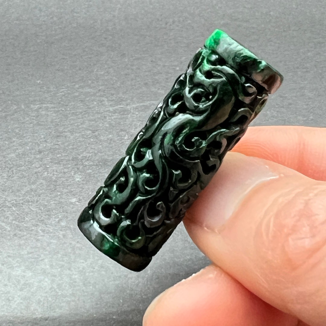 One Jadeite Bead: Hand Carved Natural Color Jade Tube Bead, Carved With ...