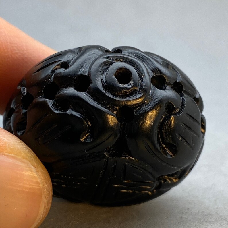 1 Vintage Jet Bead: Hand Carved Black Jet Bead of Longevity and Dragon ...