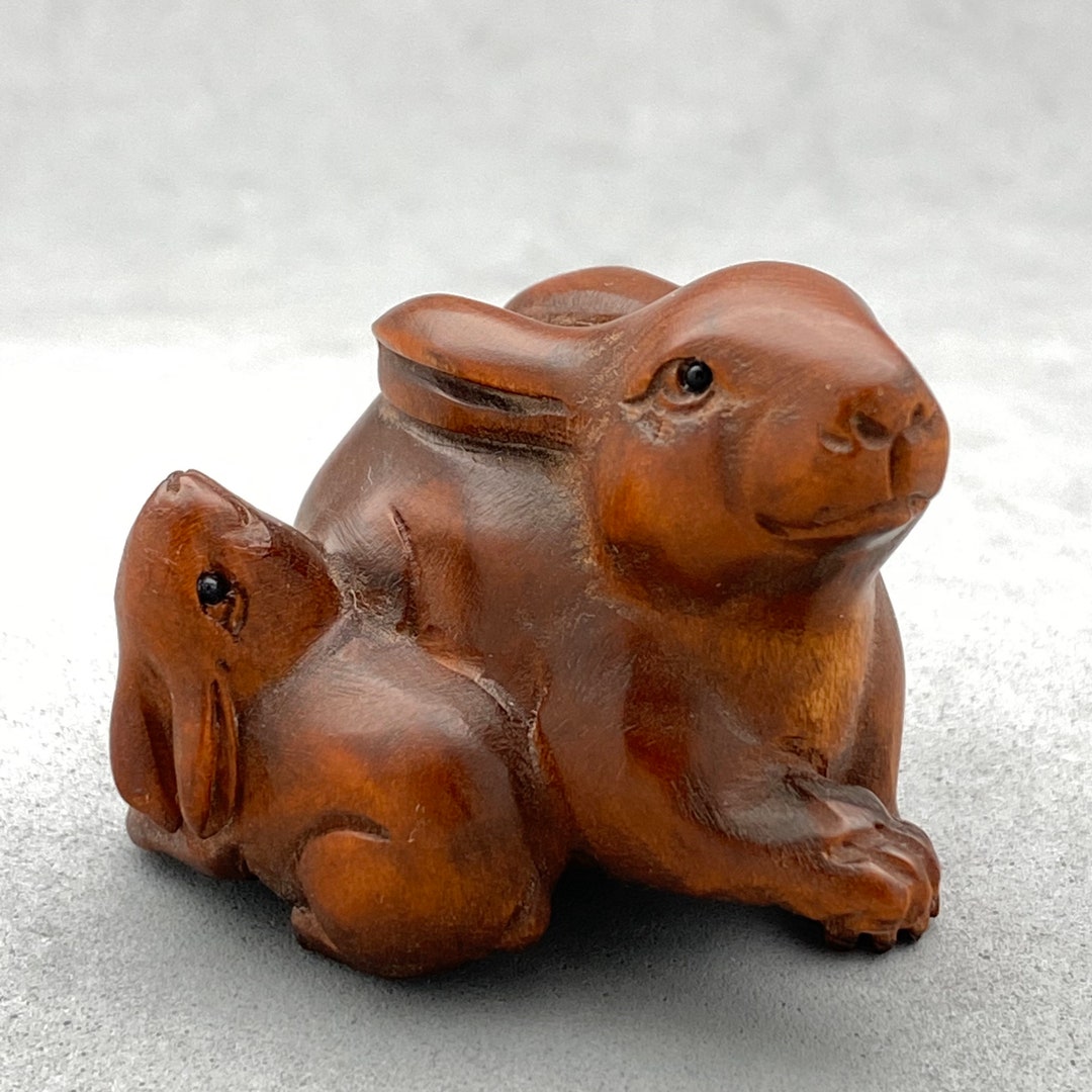 Hand Carved Boxwood Mother and Baby Rabbit Netsuke, Year of Hare ...