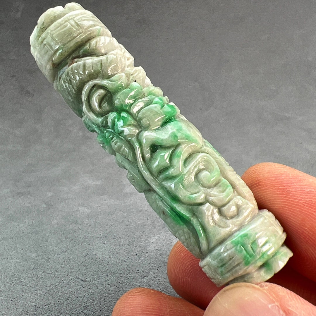 Jade Carving: One(1)hand Carved Natural Color Jade Tube Bead, Carved ...