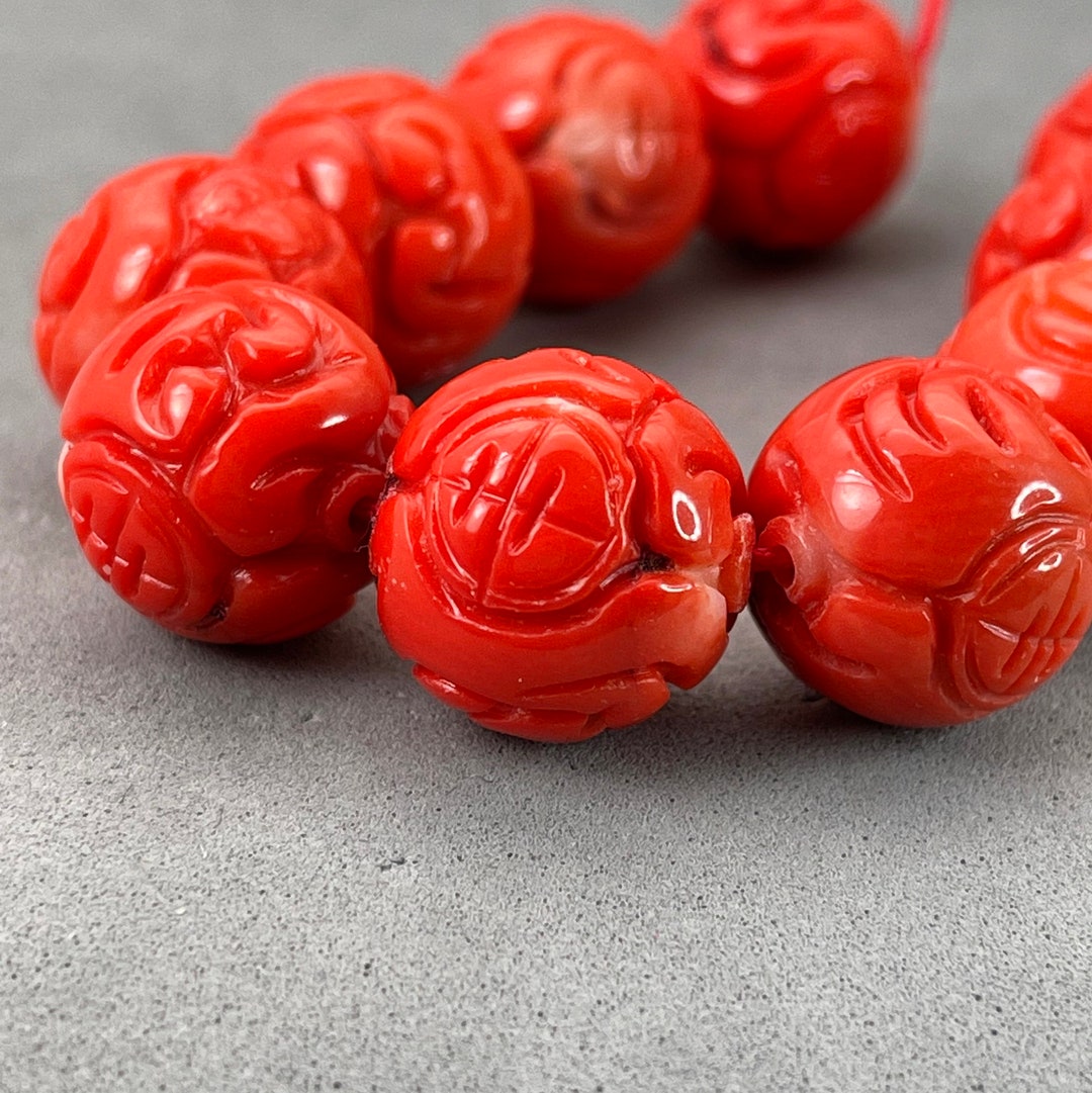 One Hand Carved Vintage Dyed Red Coral Bead, Round Shape Coral Beads ...