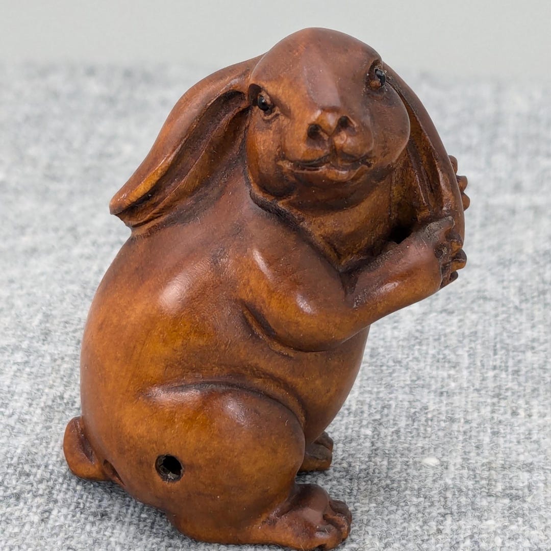 Hand Carved Boxwood Netsuke of Rabbits, Year of Hare, Rabbit Charm, Boxwood Hare Netsuke, Artist ...