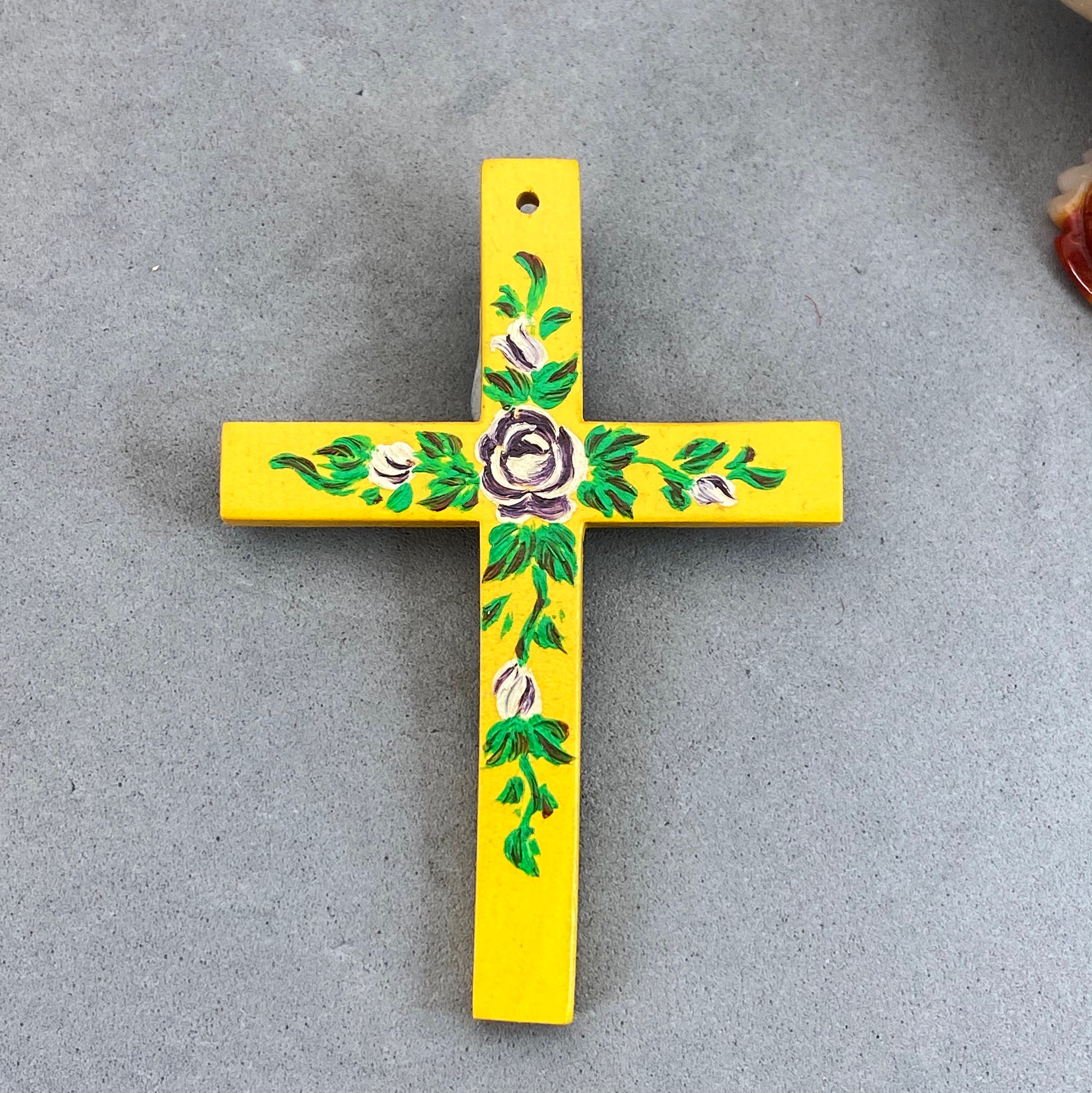 Yellow Teakwood Cross With Painted Rose Stem and Leaves - Etsy
