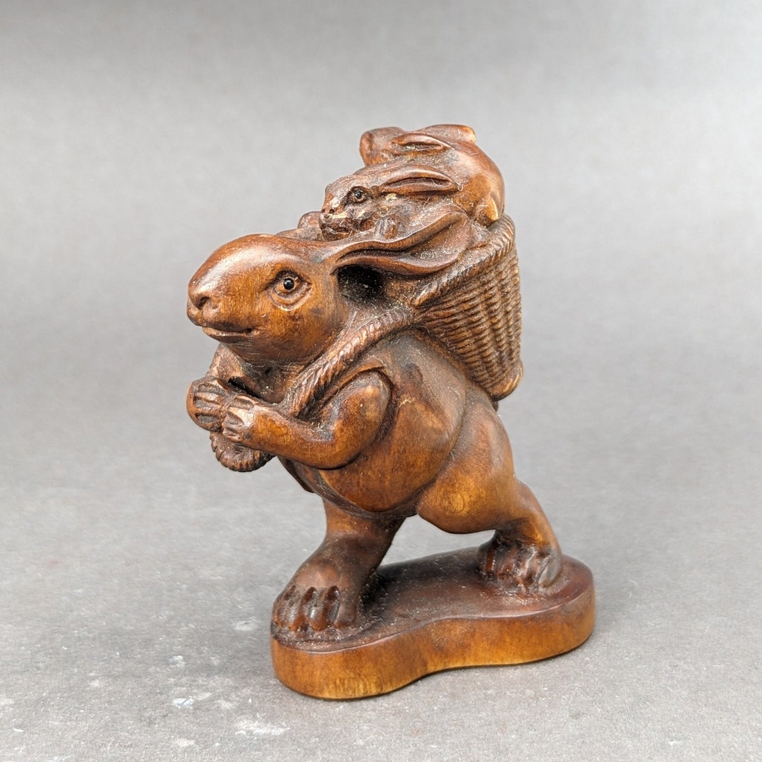 Wood Carving: Hand Carved Boxwood Bunny Netsuke, Rabbit Charm, Boxwood Hare, Artist Signs ...