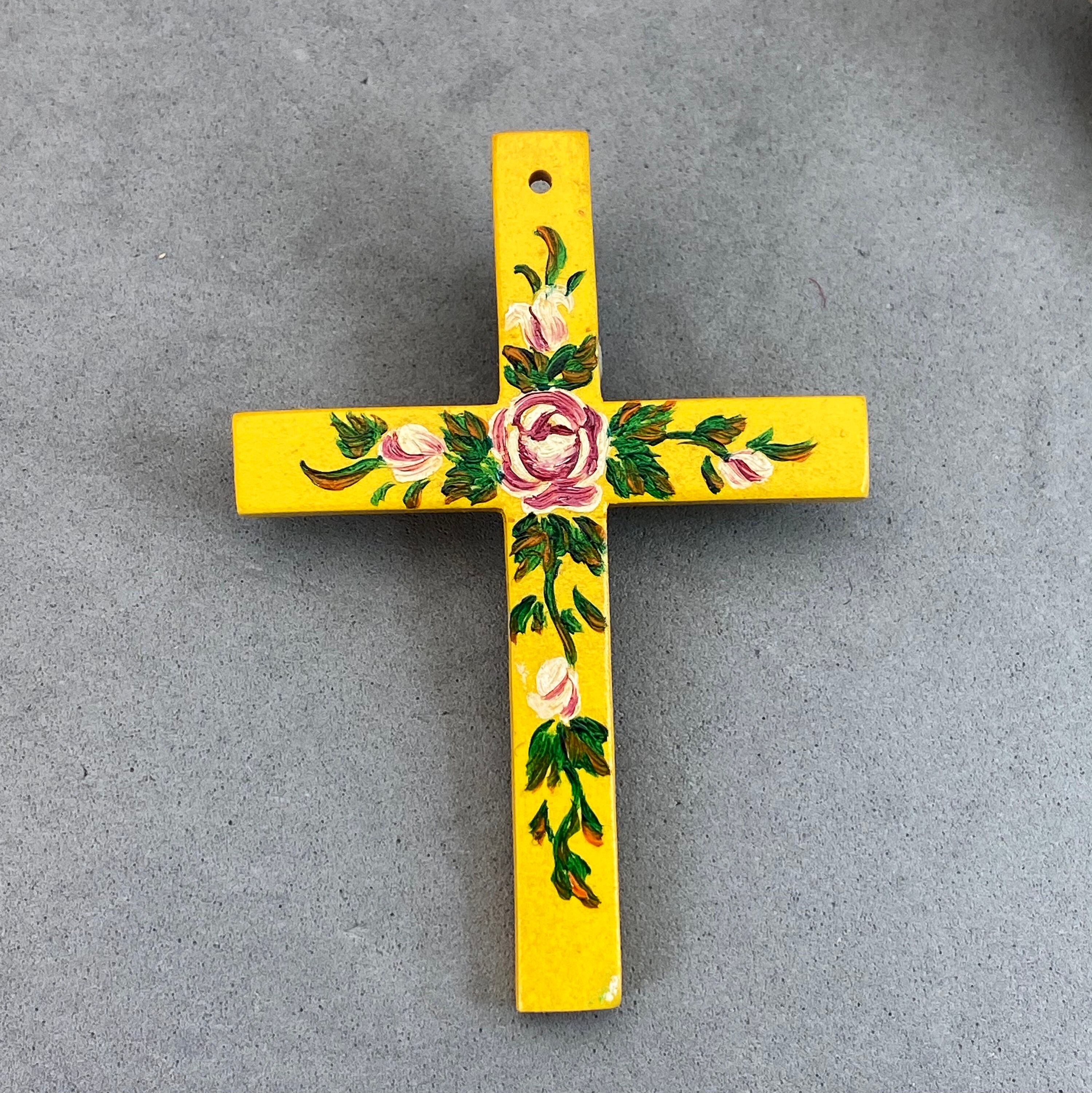 Yellow Teakwood Cross With Painted Rose Stem and Leaves | Etsy