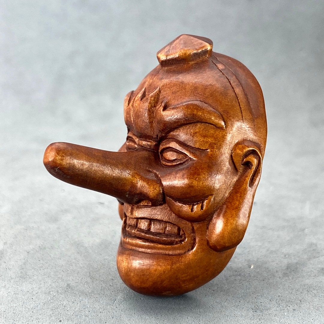 Hand Carved Boxwood Mask of Tengu, Heavenly Dog Netsuke, Japanese Folk ...
