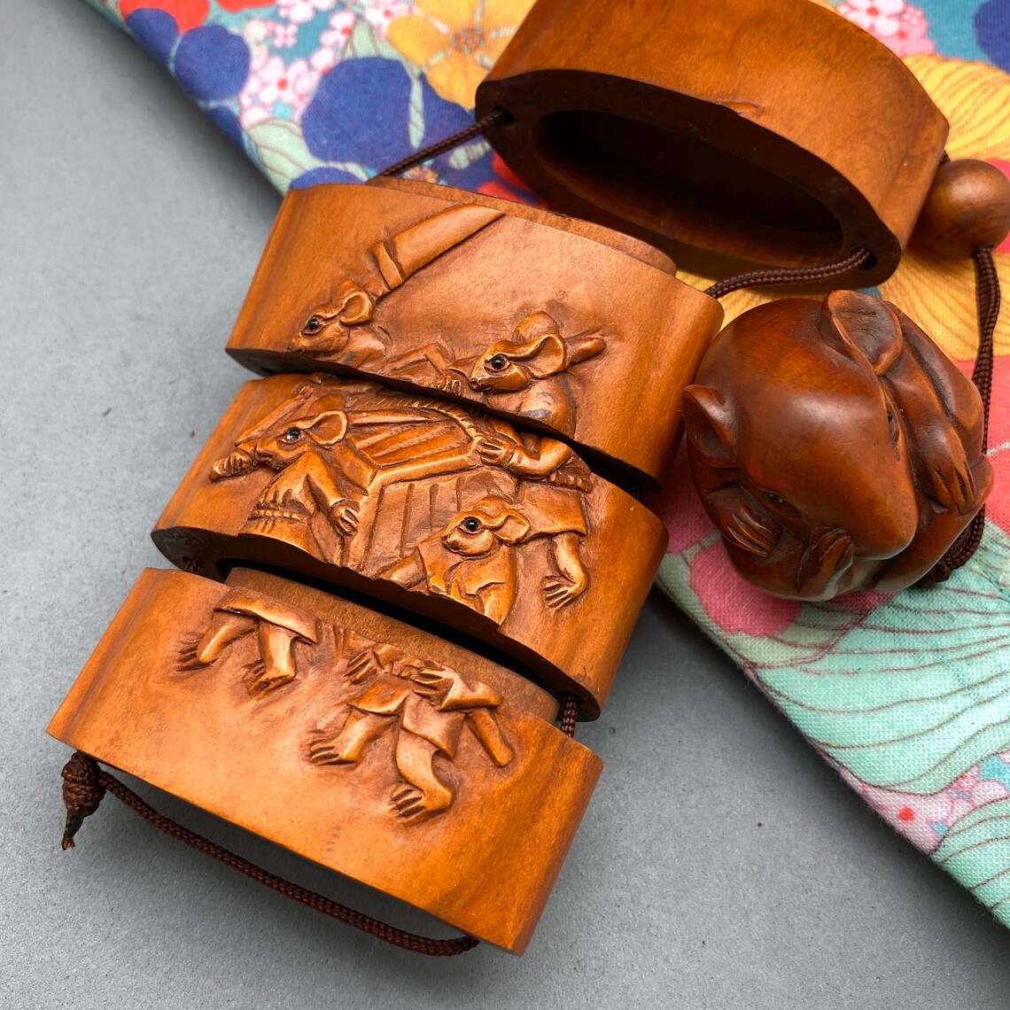 Hand Carved Boxwood Inro Kimono Accessories Stamp and Money - Etsy