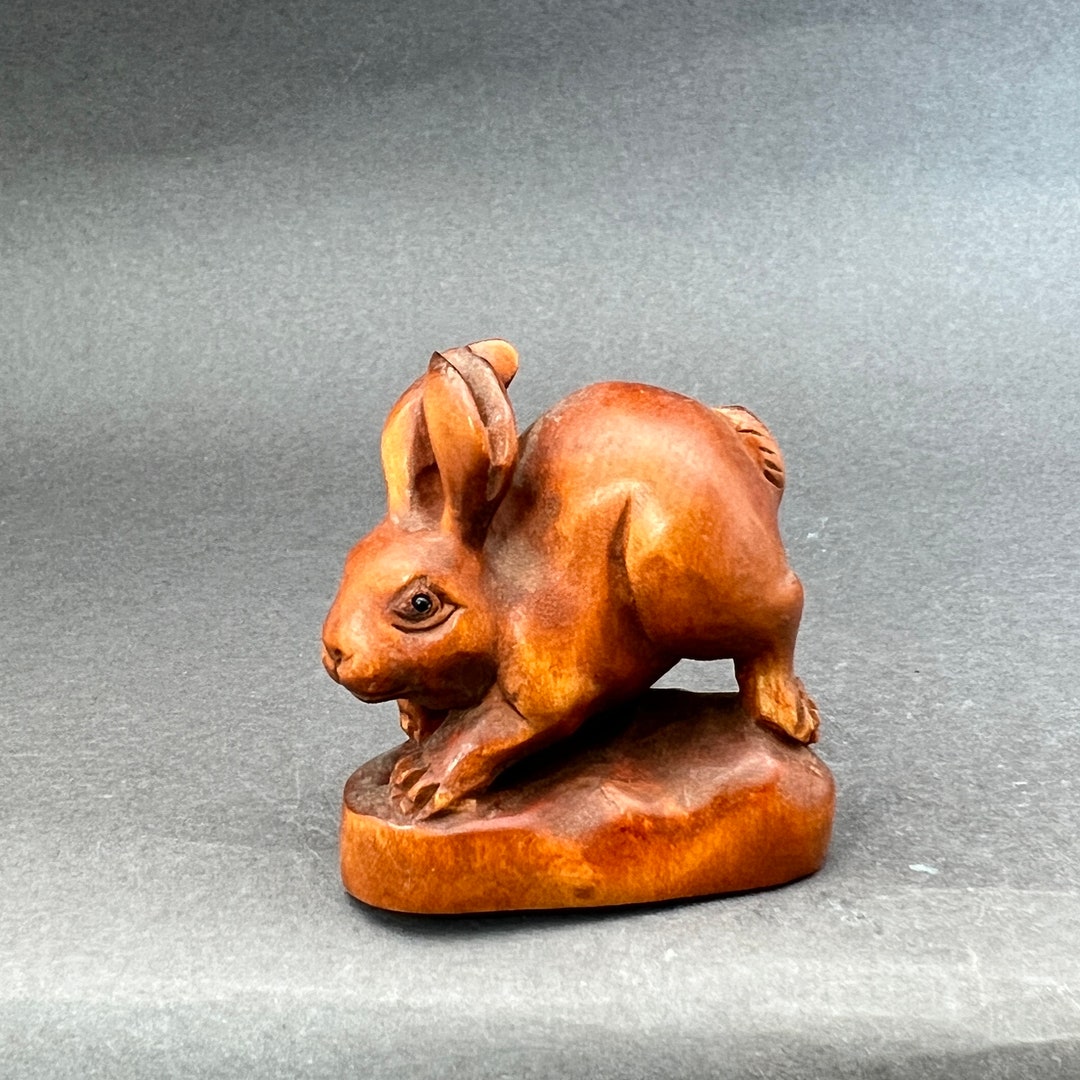 Hand Carved Boxwood Netsuke of Rabbits, Year of Hare, Rabbit Charm ...