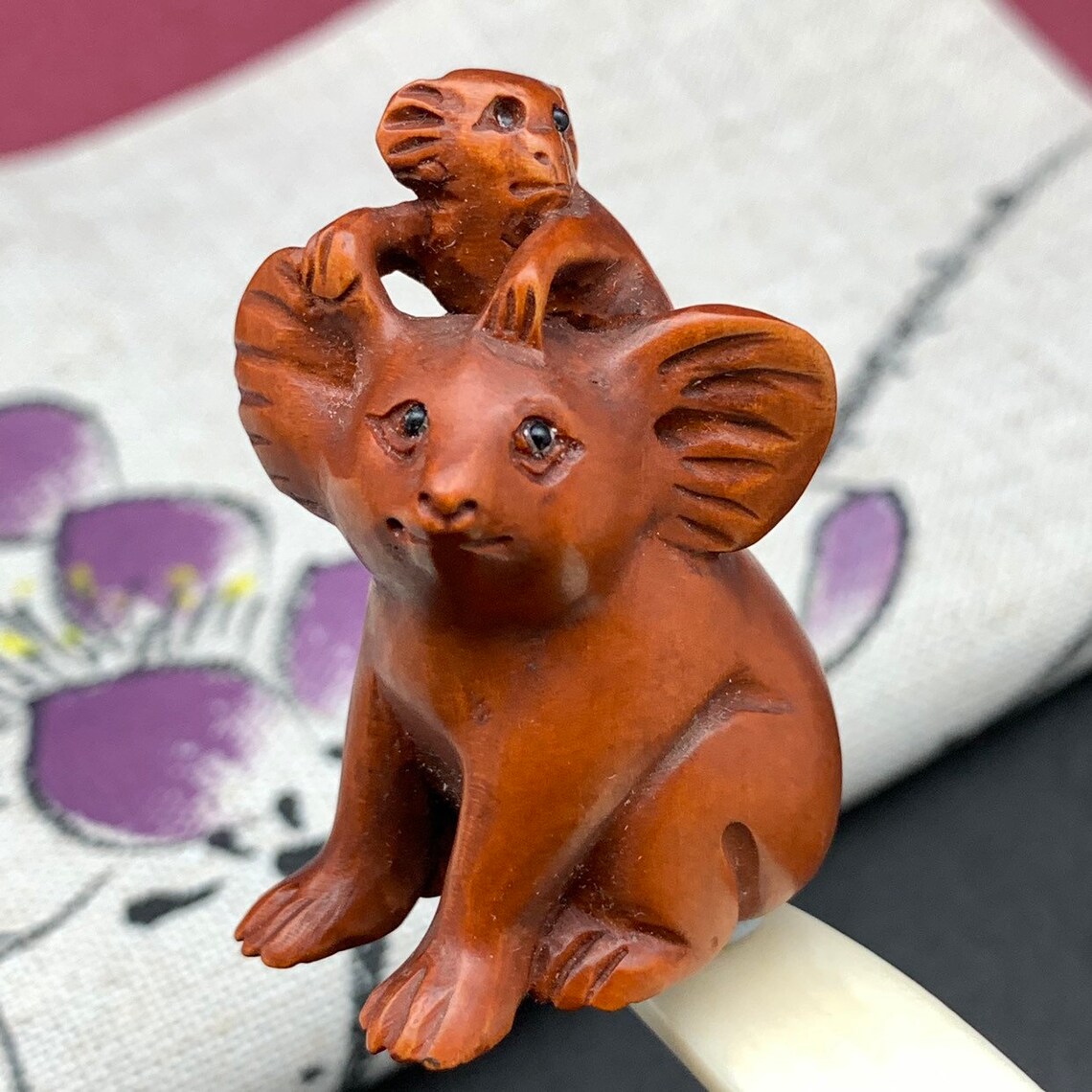 Hand Carved Boxwood Netsuke of Mother and Baby Koala, Signed by Artist ...