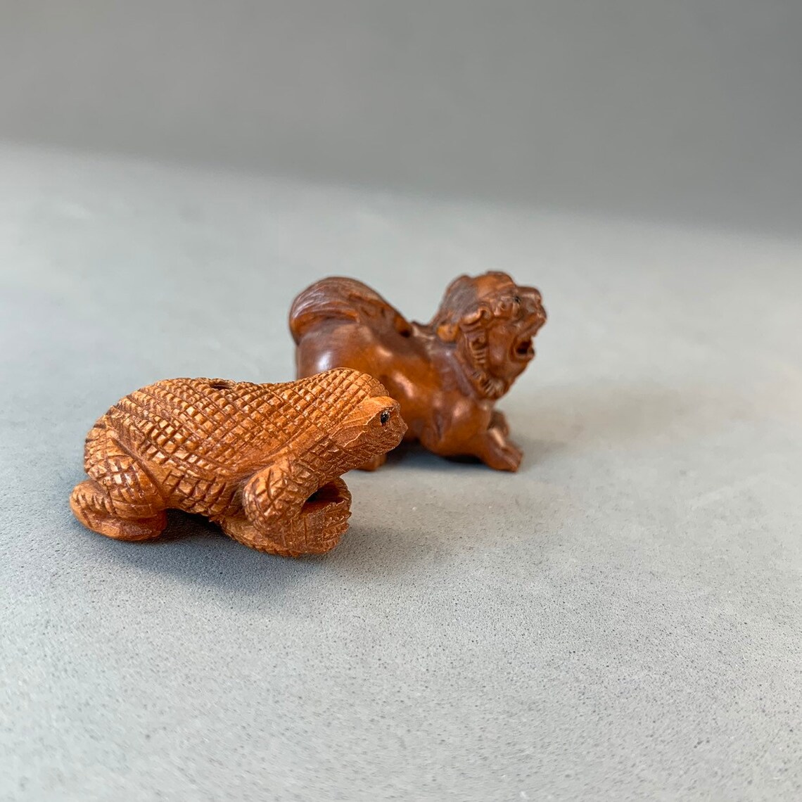 2 Hand Carved Boxwood Ojime of Japanese Mythical Animal Fu | Etsy