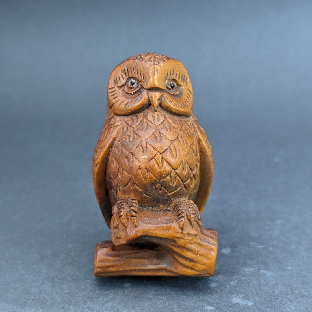 Hand Carved Boxwood Netsuke of an Owl, Boxwood Owl Netsuke, Wood Owl ...