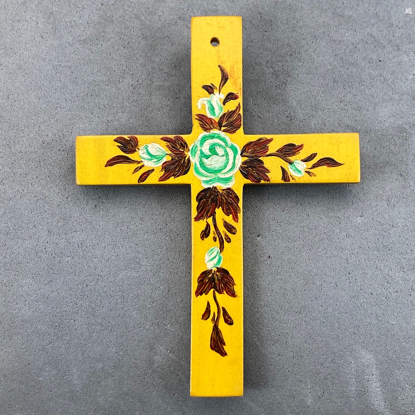 Yellow Teakwood Cross With Painted Rose Stem and Leaves - Etsy