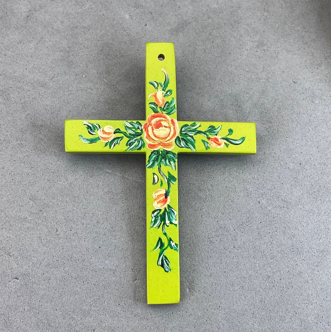 Lime Green Teakwood Cross With Painted Rose, Stem and Leaves, Gothic ...