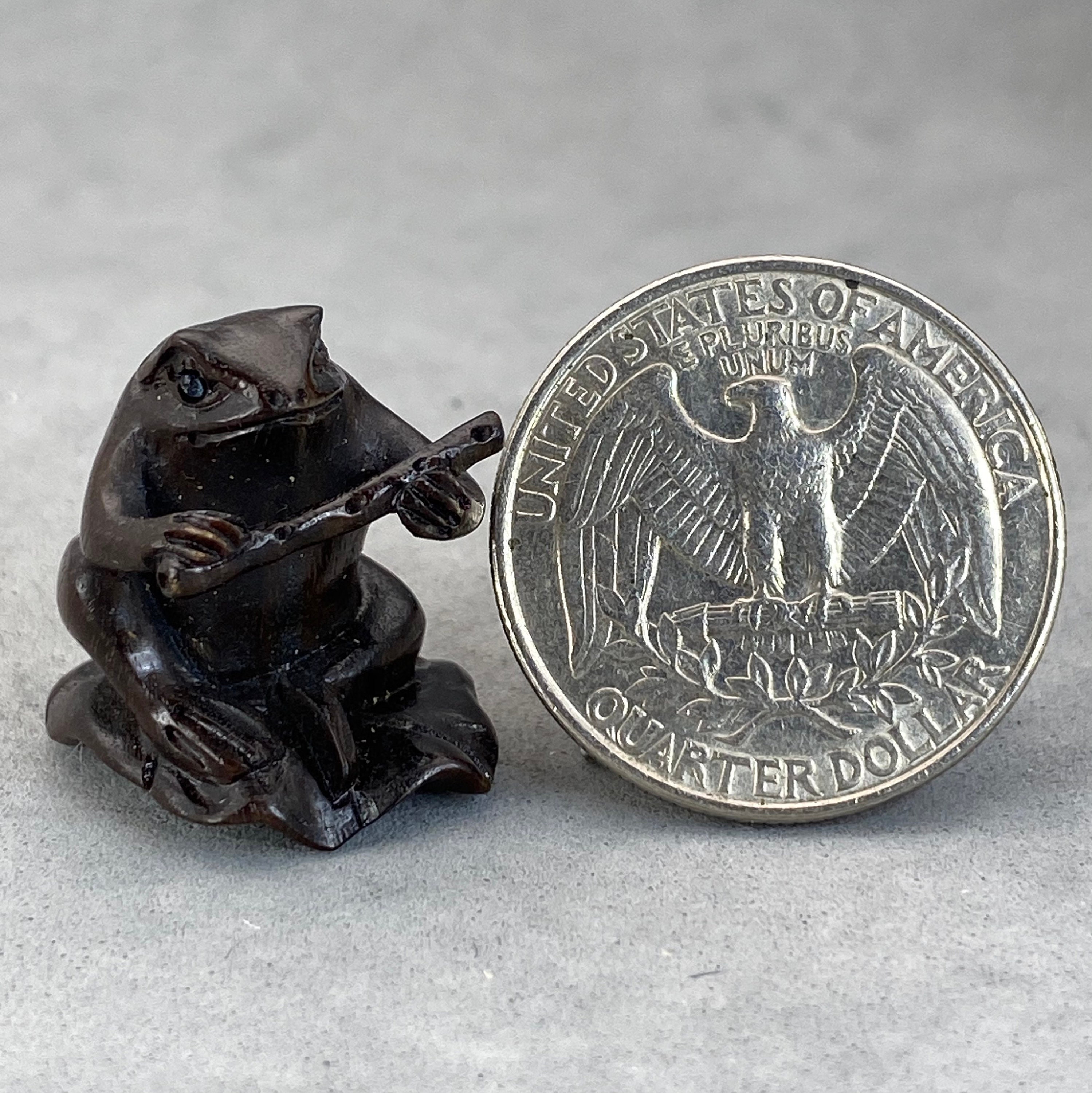 One Teakwood Ojime : Frog Playing Flute on a Lily Pad, Very Details ...