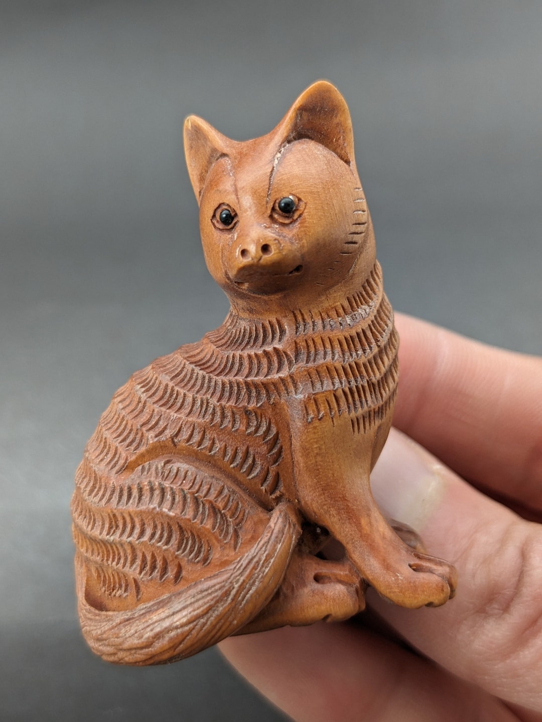Hand Carved Boxwood Cat Netsuke, Wood Cat Netsuke, Wood Cat Charm, Hand ...